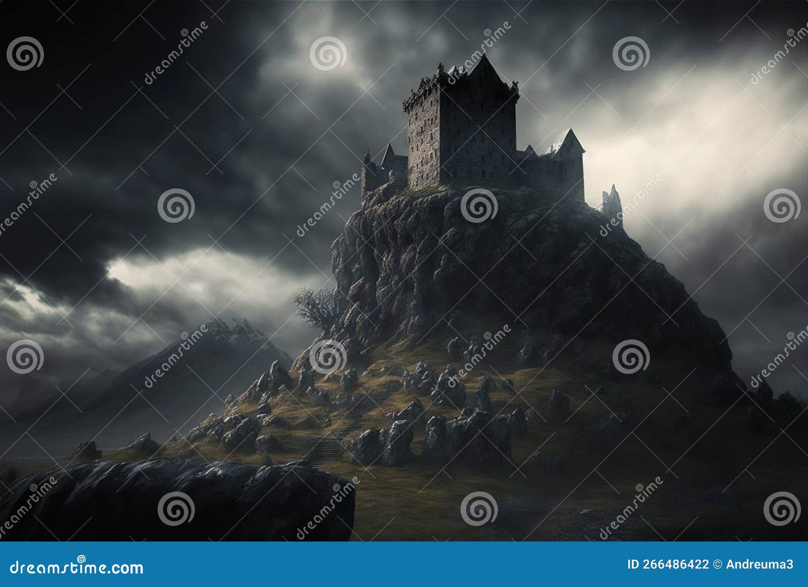 Mysterious Castle with Dramatic Cloudy Sky Stock Illustration ...