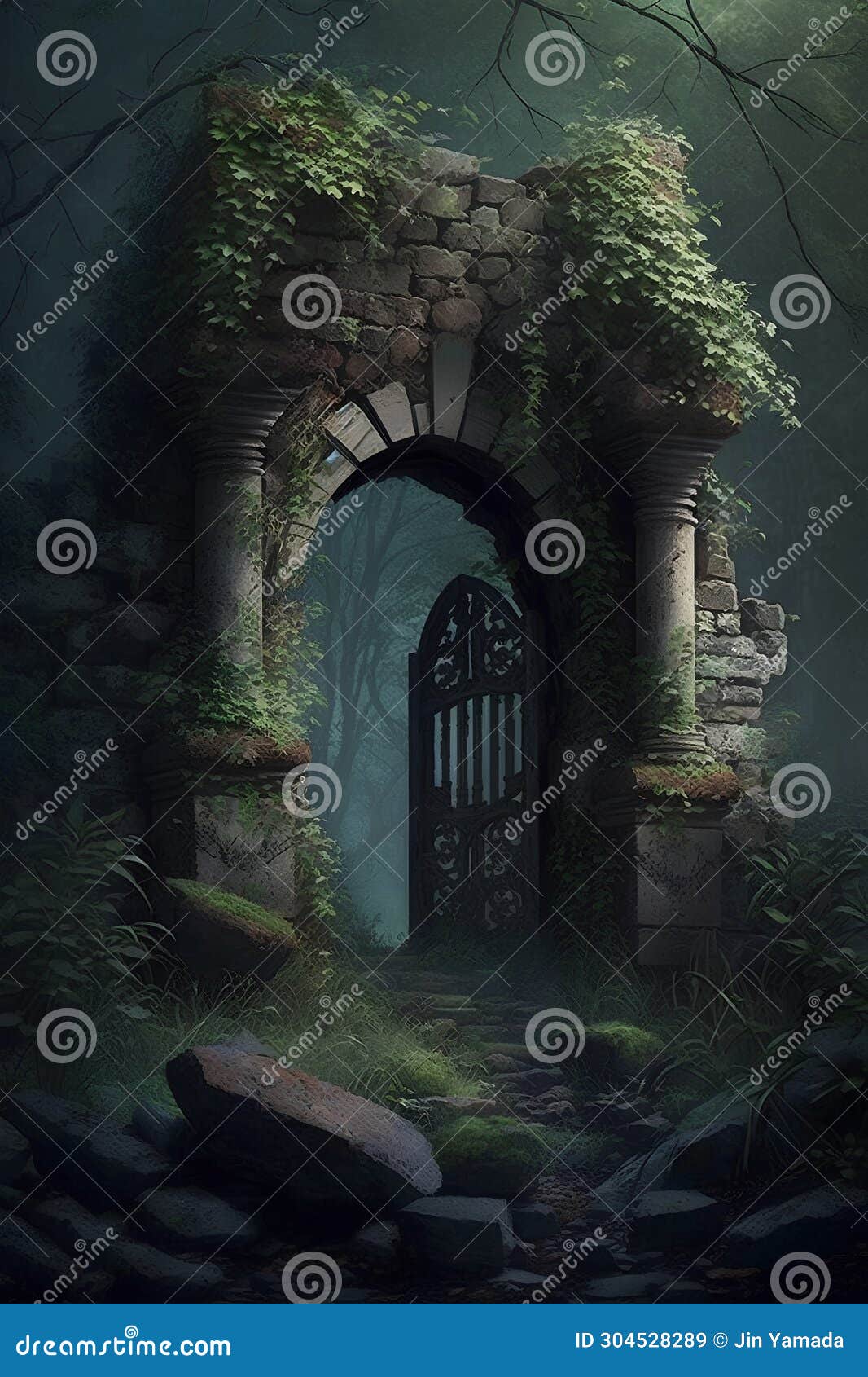 Mysterious Castle Gate in Foggy Forest, 3d Render Stock Illustration ...