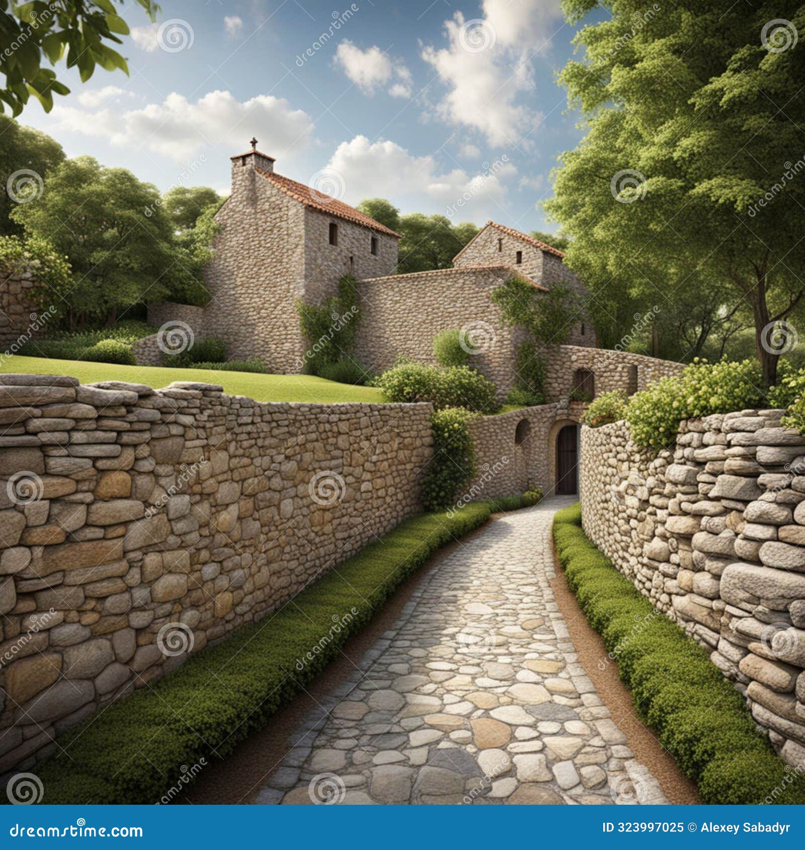 Mysterious Castle with Stone Paths Stock Illustration - Illustration of ...