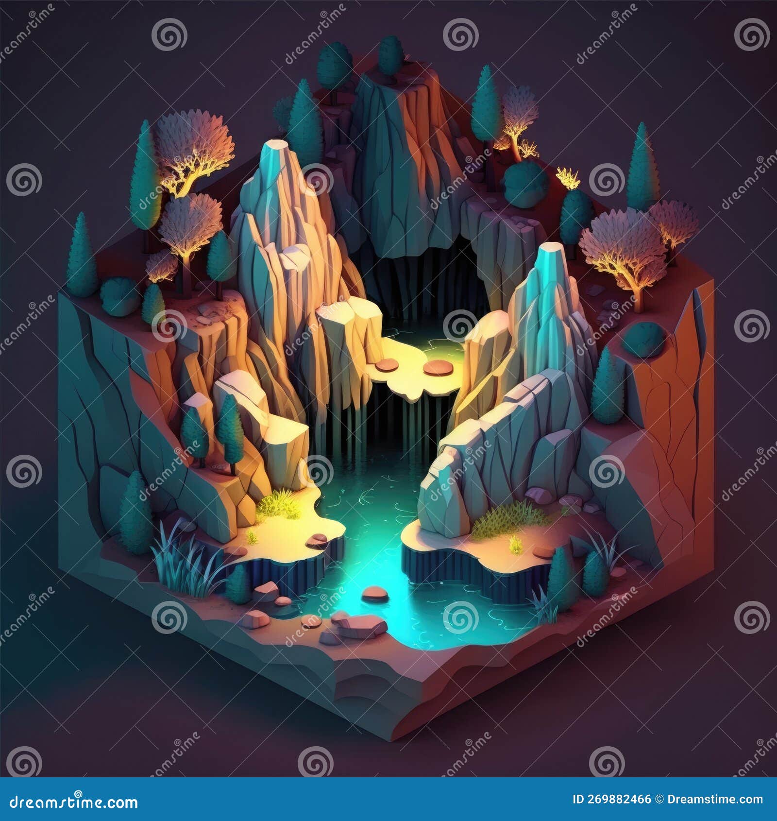 Mysterious Cave And A River Of Light, Isometric Low Poly View AI ...