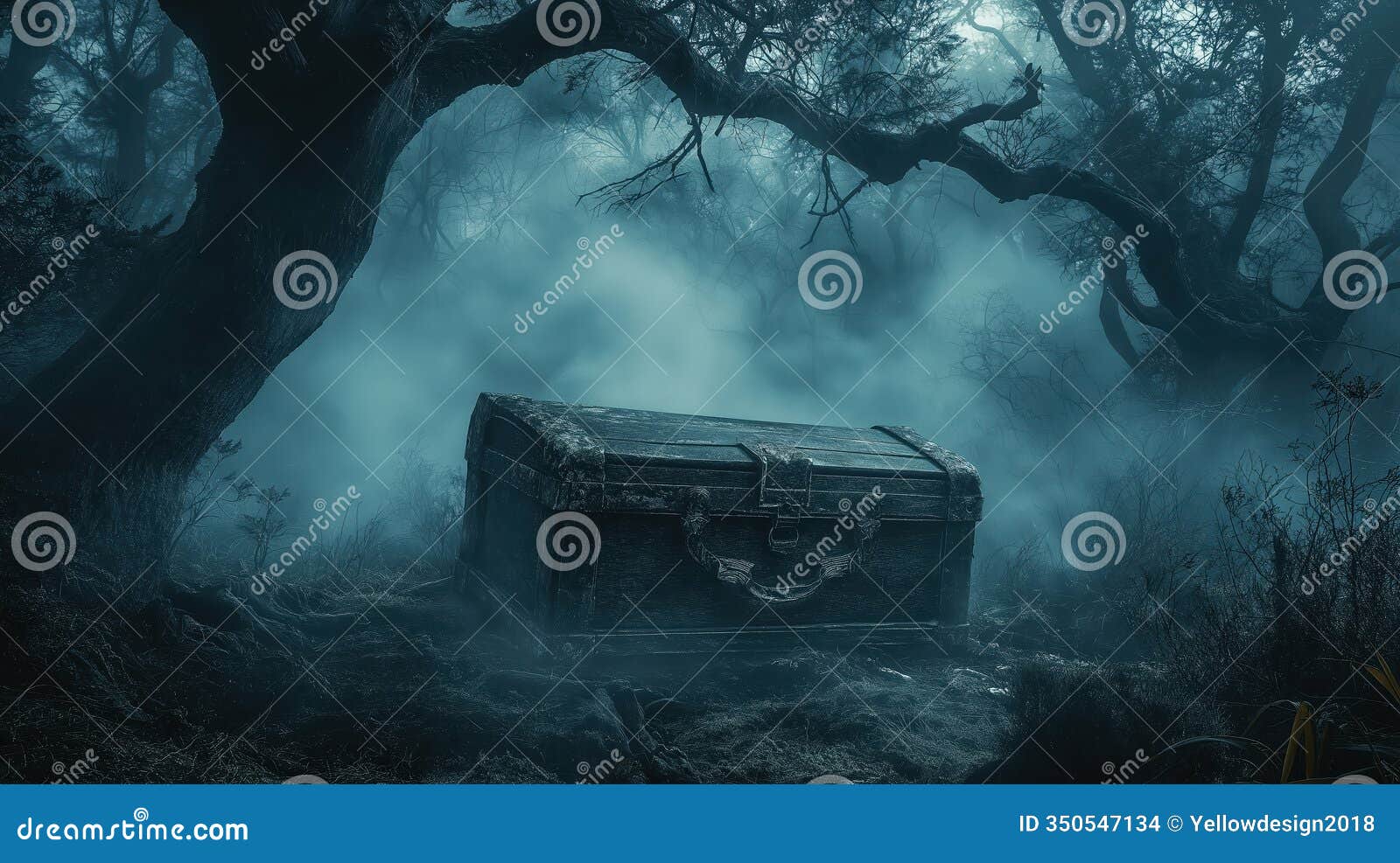 Mysterious Chest in Eerie Misty Forest with Gnarled Trees at Night ...