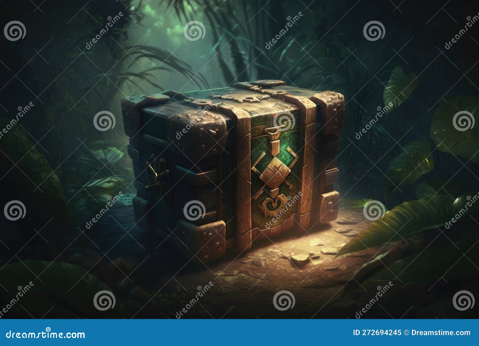 Mysterious Chest In The Jungle In Cave On Blurred Background Royalty ...
