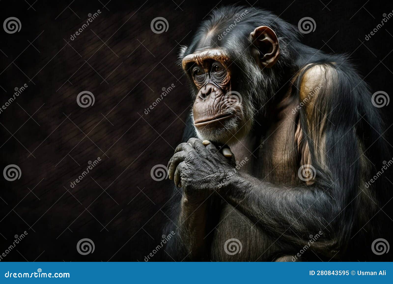 Mysterious Chimpanzee Hand on Face Against Dark Background. AI Stock ...