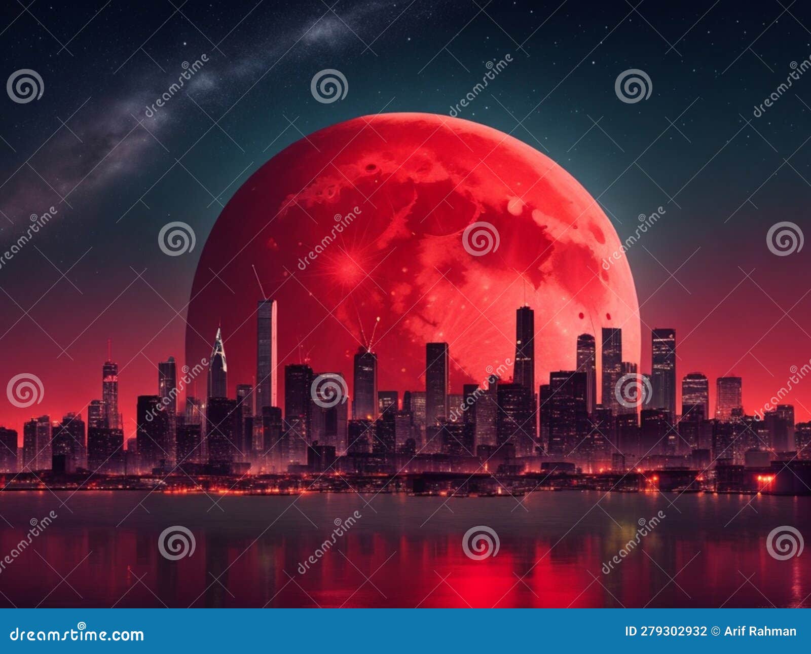 A Mysterious City with a Big Red Moon Stock Illustration - Illustration ...