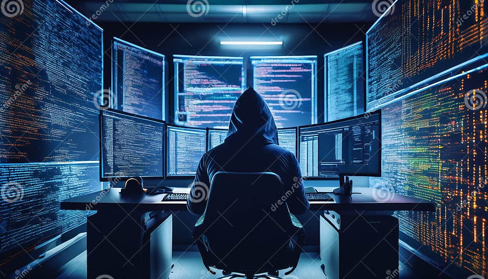 Mysterious Coder at Work in a Dark Room Stock Illustration ...