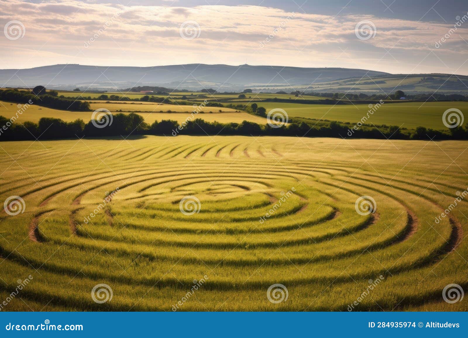 Mysterious Crop Circle Patterns in a Sunlit Field Stock Illustration ...