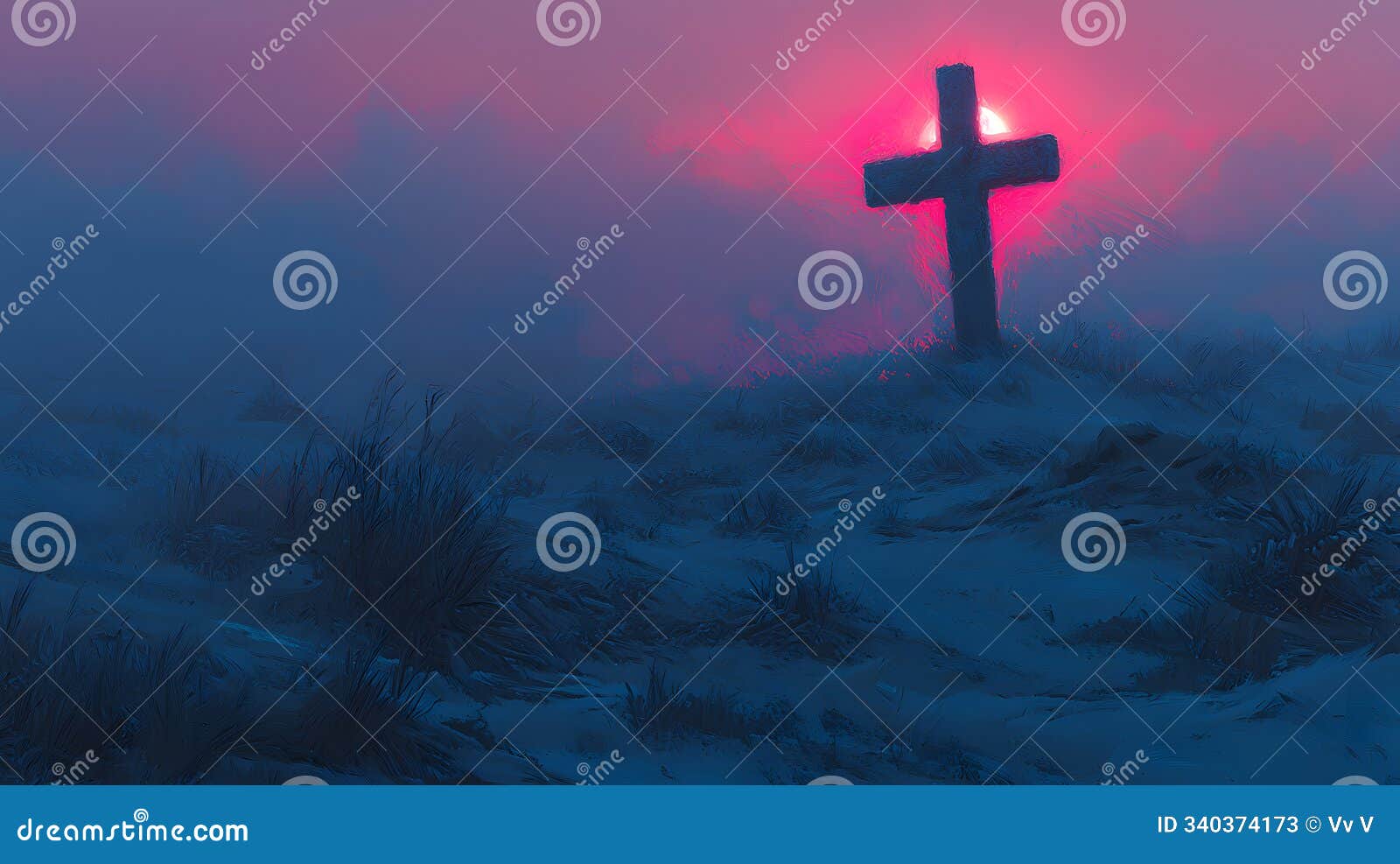 Mysterious Cross at Sunrise in Misty Landscape Stock Illustration ...