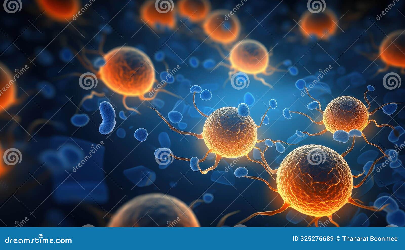 Mysterious Dark Blue Background with Vibrant Orange Bio Elements and ...