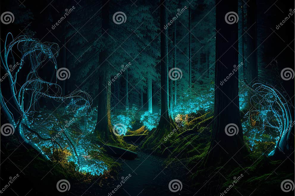 Mysterious Dark Forest at Night, 3d Rendering. Computer Digital Drawing ...