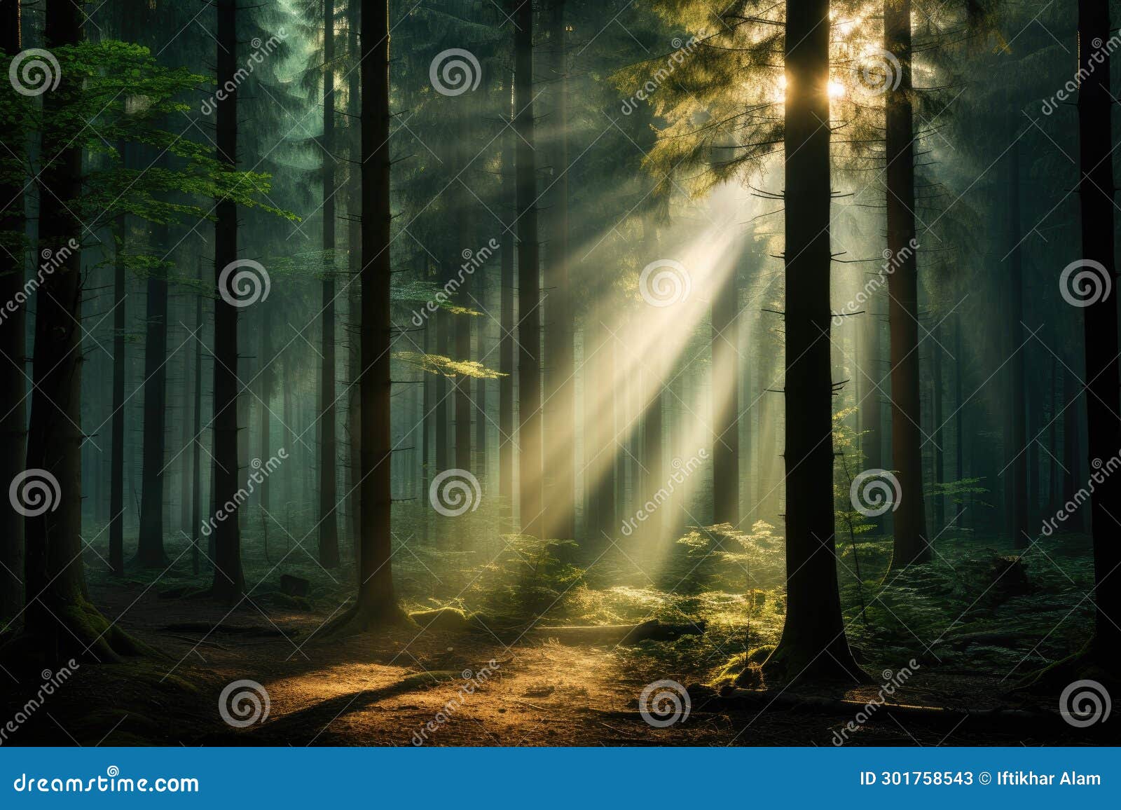 Mysterious Dark Forest with Rays of Light Shining through the Trees, a ...