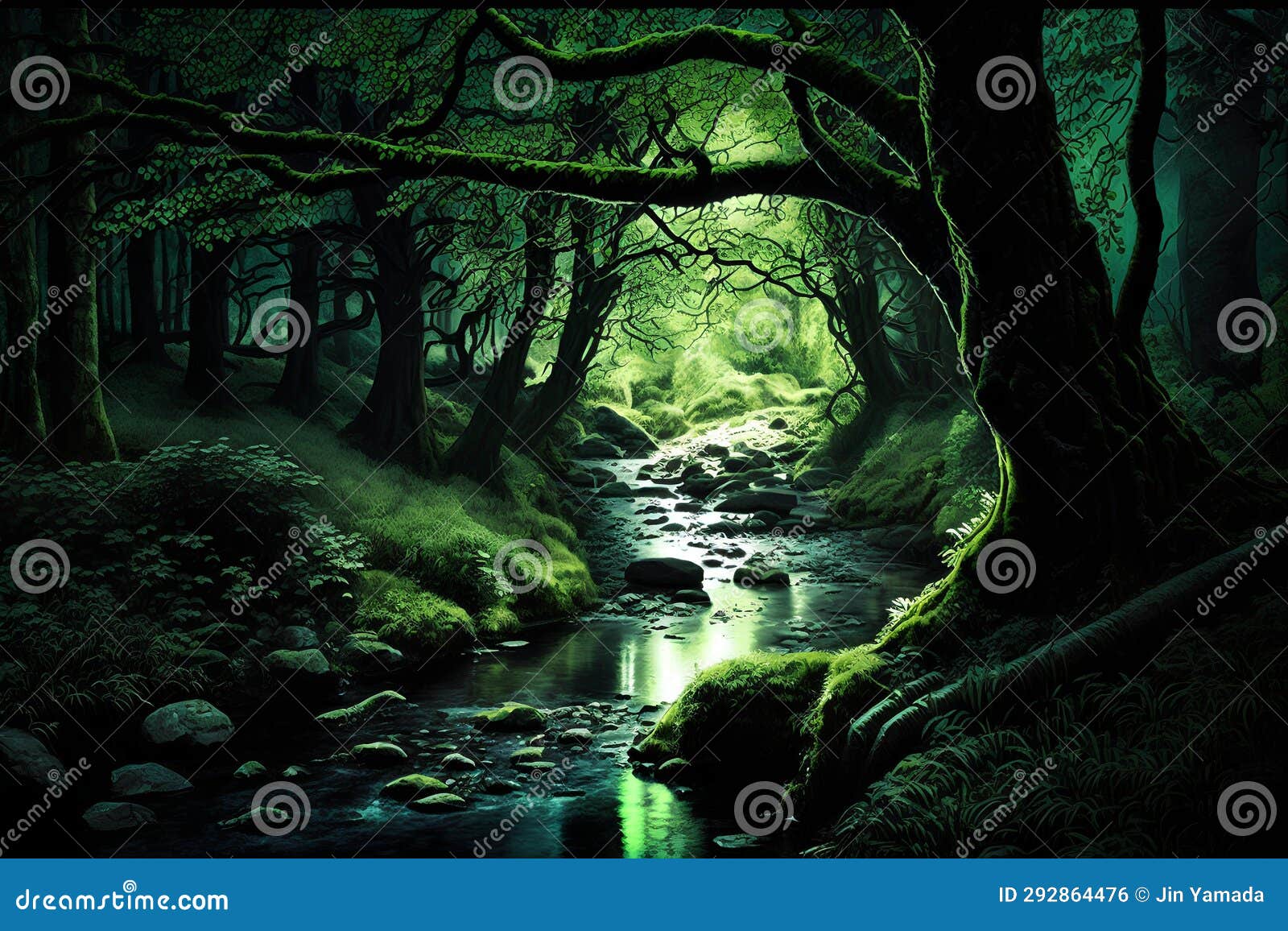 Mysterious Dark Forest with a Stream in the Foreground, 3d Render Stock ...