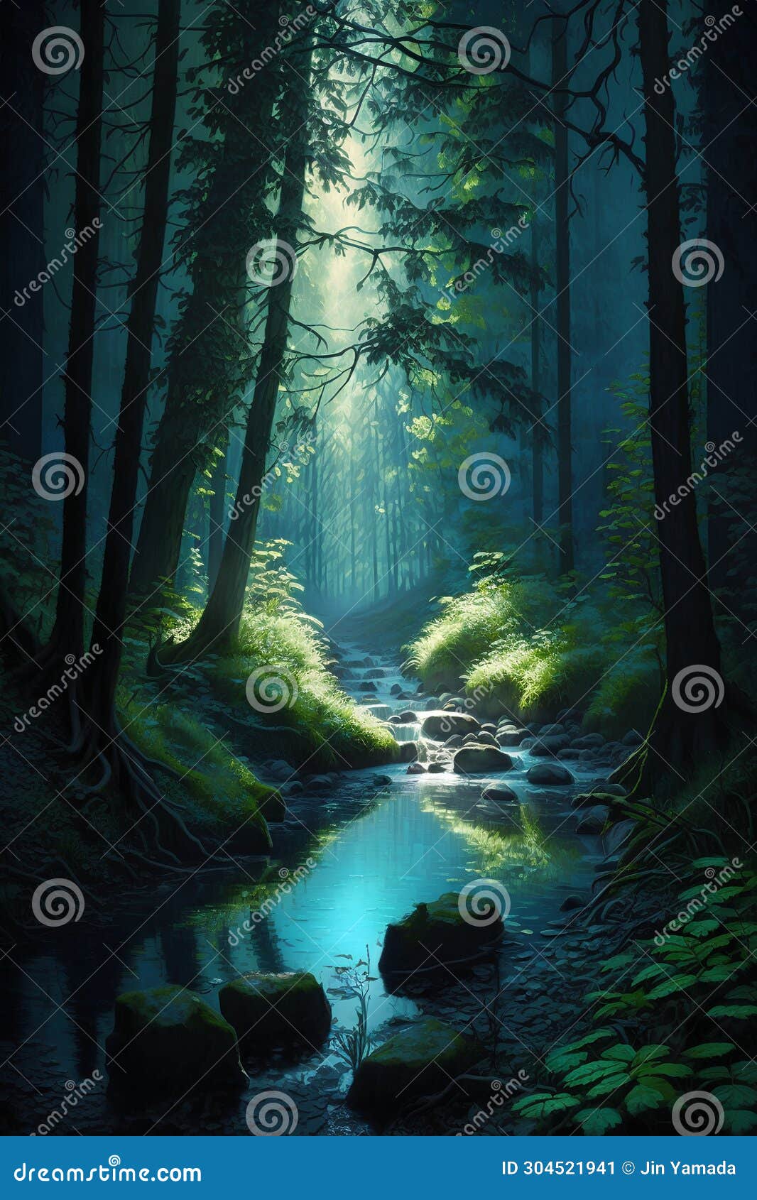 Mysterious Dark Forest with a Stream and Trees in the Foreground Stock ...