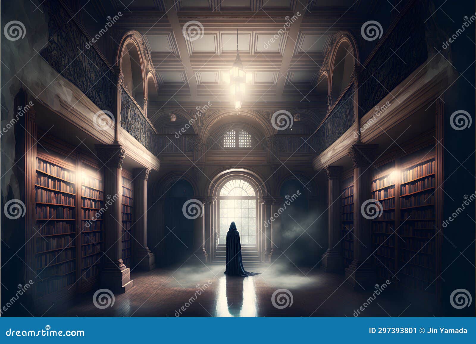 Mysterious Dark Library Interior with Fog and Light. 3D Rendering Stock ...