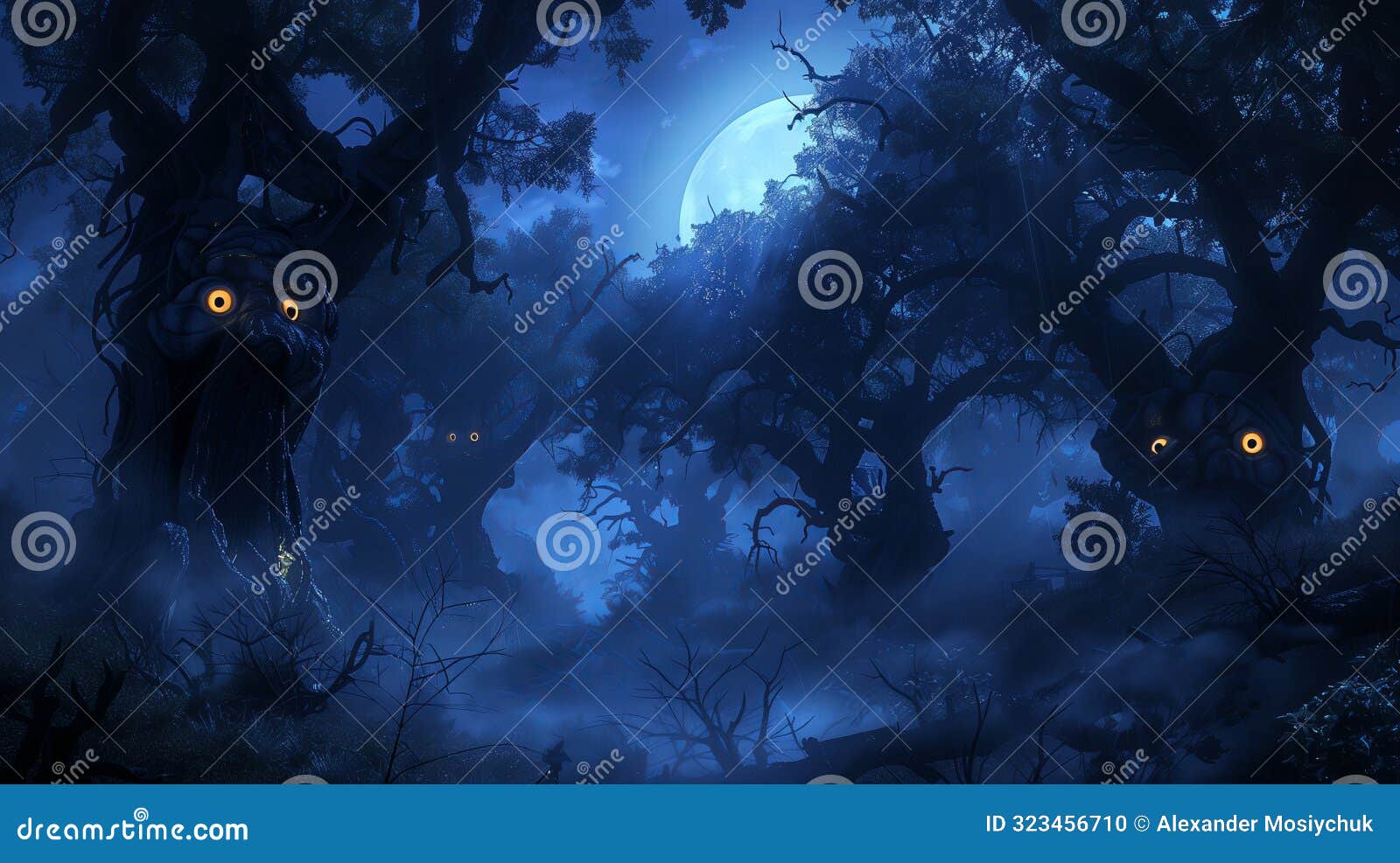 Mysterious Eerie Forest with Glowing Eyes on Moonlight Night Stock ...