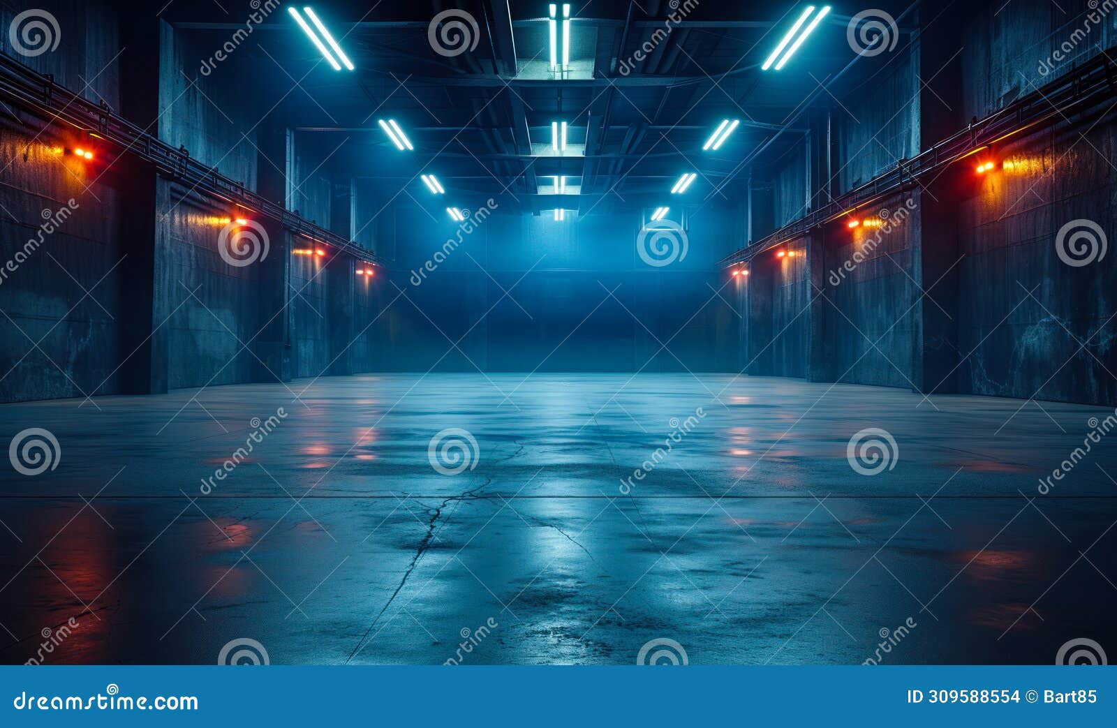 Mysterious Empty Warehouse Interior with Dim Lighting and Fluorescent ...