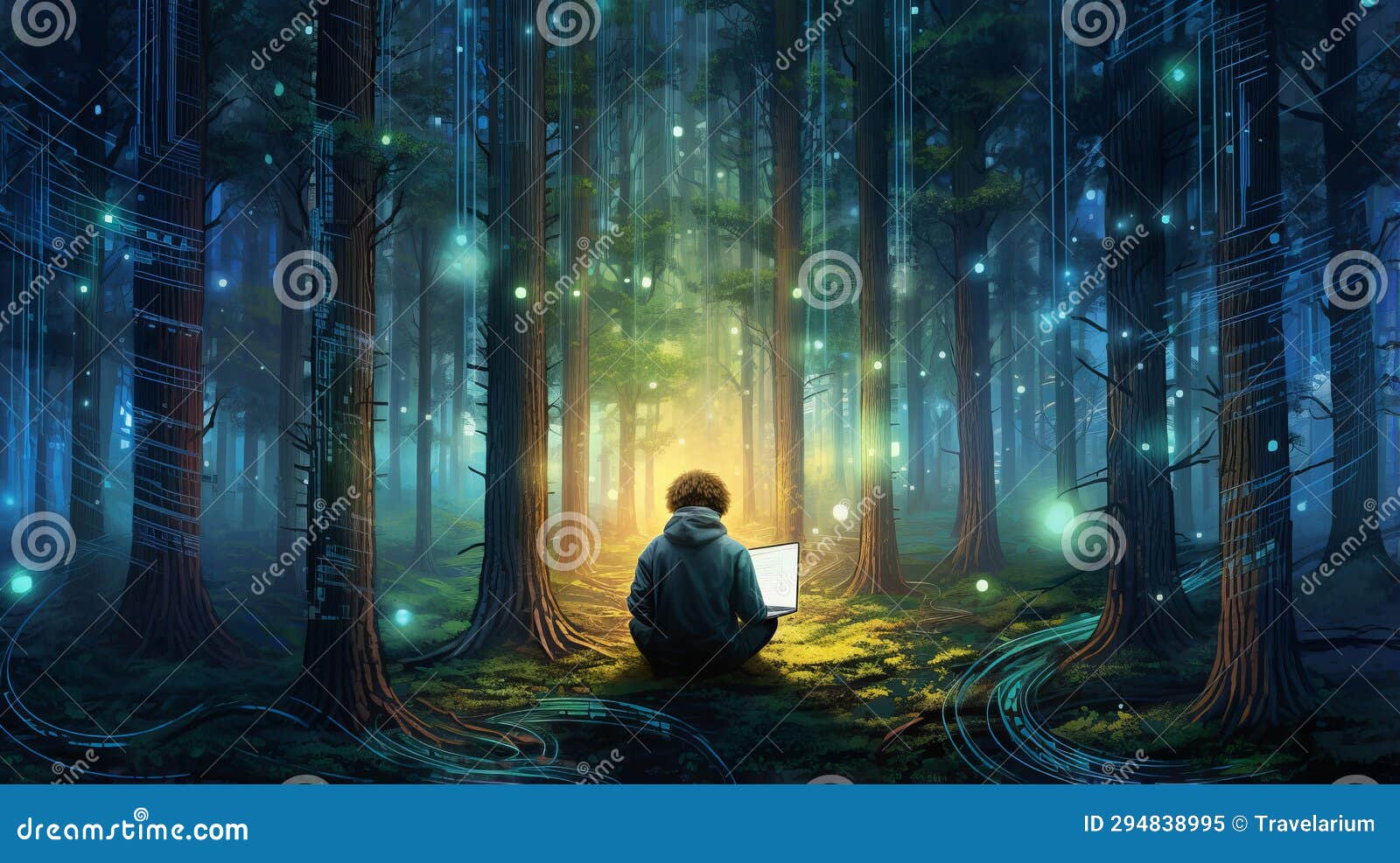 Mysterious Environmental Hacktivist with Laptop Sits Amidst Forest and ...