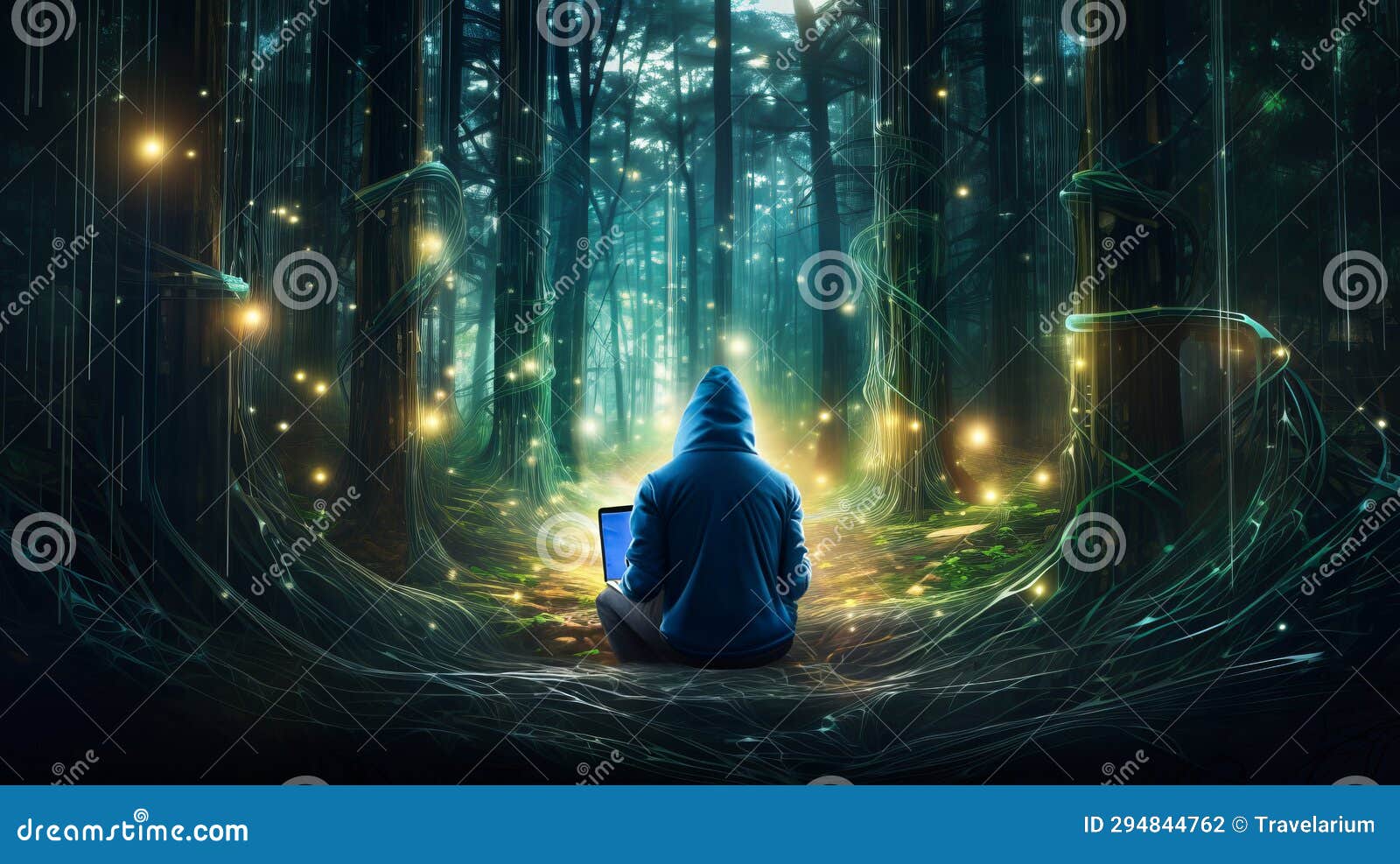 Mysterious Environmental Hacktivist with Laptop Sits Amidst Forest and ...