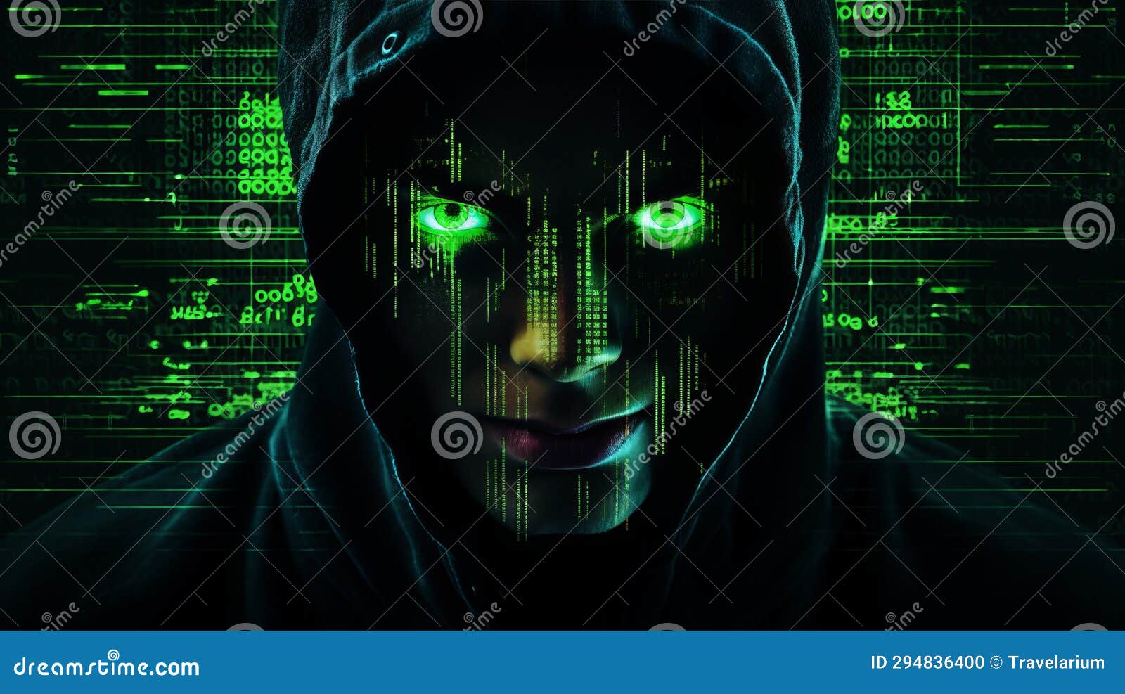Mysterious Face of Anonymous Hacker with Glowing Green Eyes Veiled in Array of Green Program ...