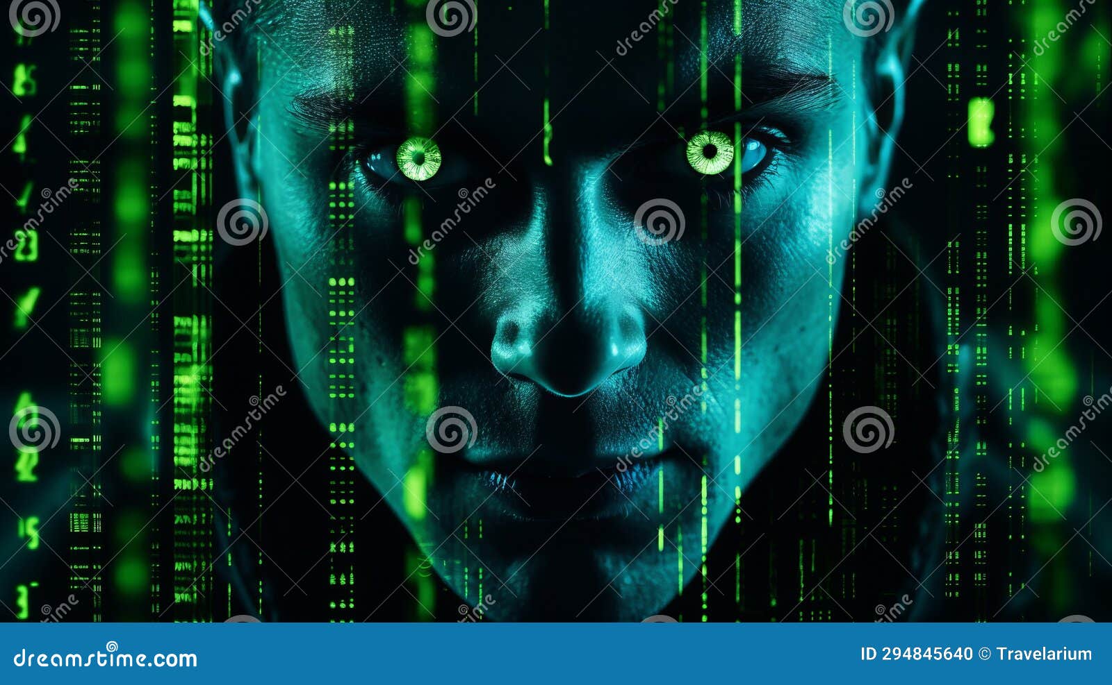 Mysterious Face of Anonymous Hacker with Glowing Green Eyes Veiled in ...