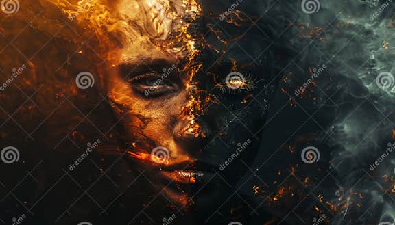 Mysterious Face Blending Fire and Shadows during a Dramatic Creative ...