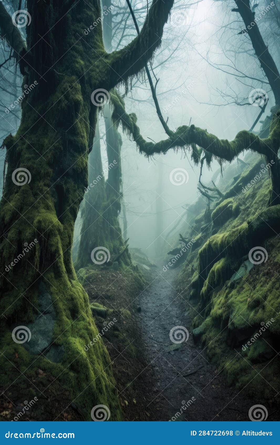 Mysterious Foggy Forest with Moss-covered Trees Stock Illustration ...