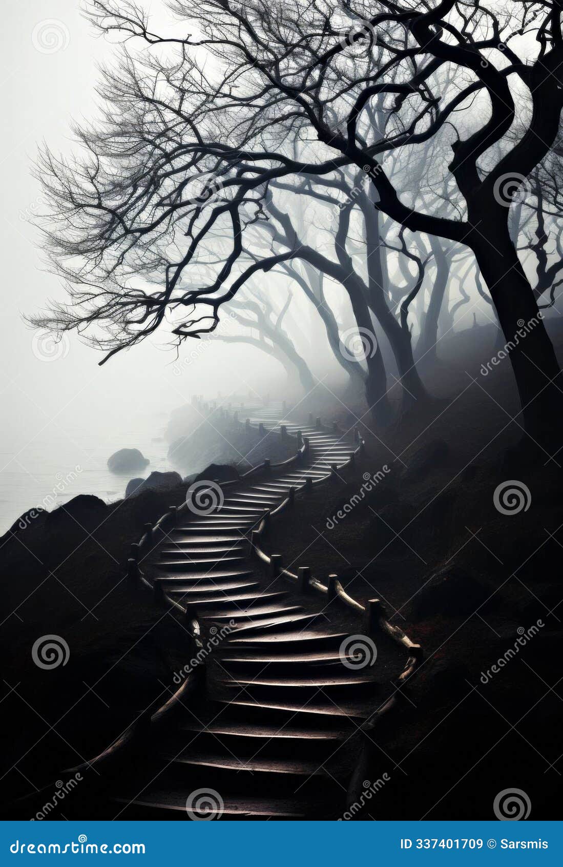 Mysterious Foggy Pathway through Forest with Bare Trees and Stone Steps ...