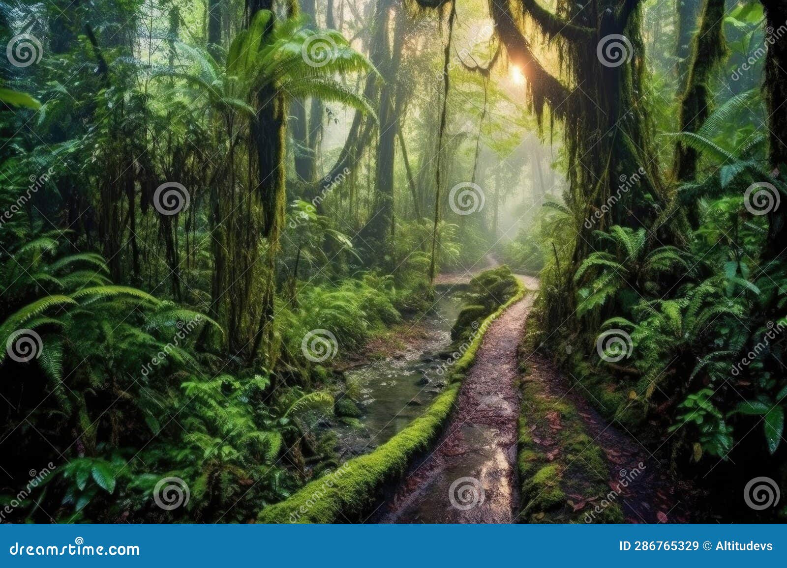 Mysterious Foggy Rainforest Path at Dawn Stock Image - Image of ...