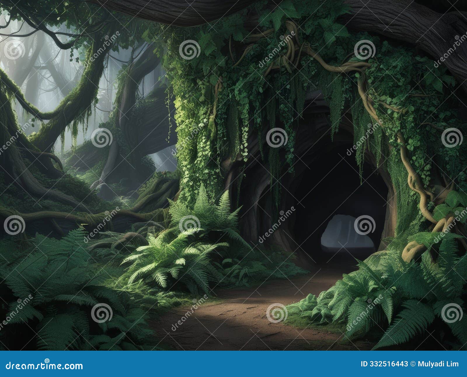 Mysterious Forest Cave Entrance Stock Image - Image of forest, path ...