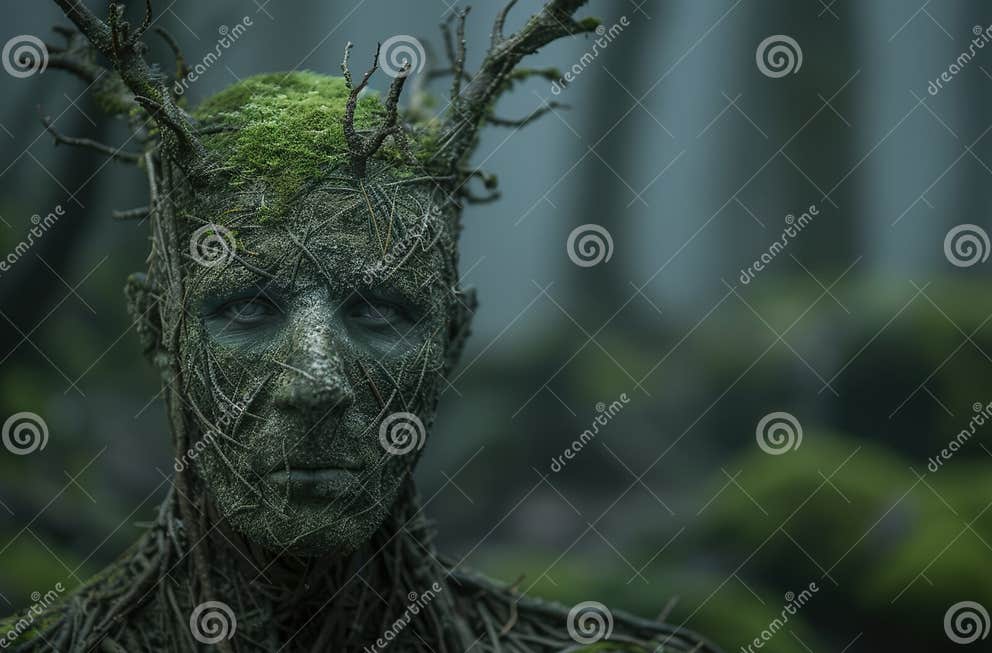 Mysterious Forest Creature with Moss-covered Face Stock Illustration ...