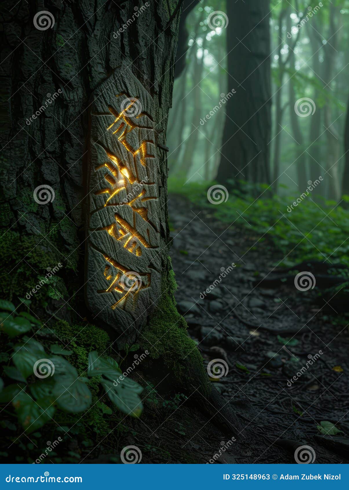 Mysterious Forest Path with Glowing Runes on Tree Stock Illustration ...