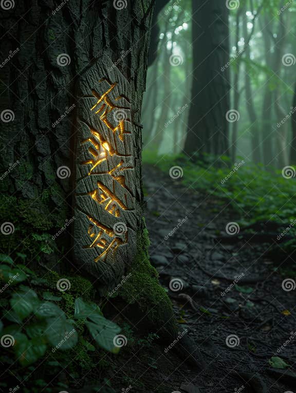 Mysterious Forest Path with Glowing Runes on Tree Stock Illustration ...