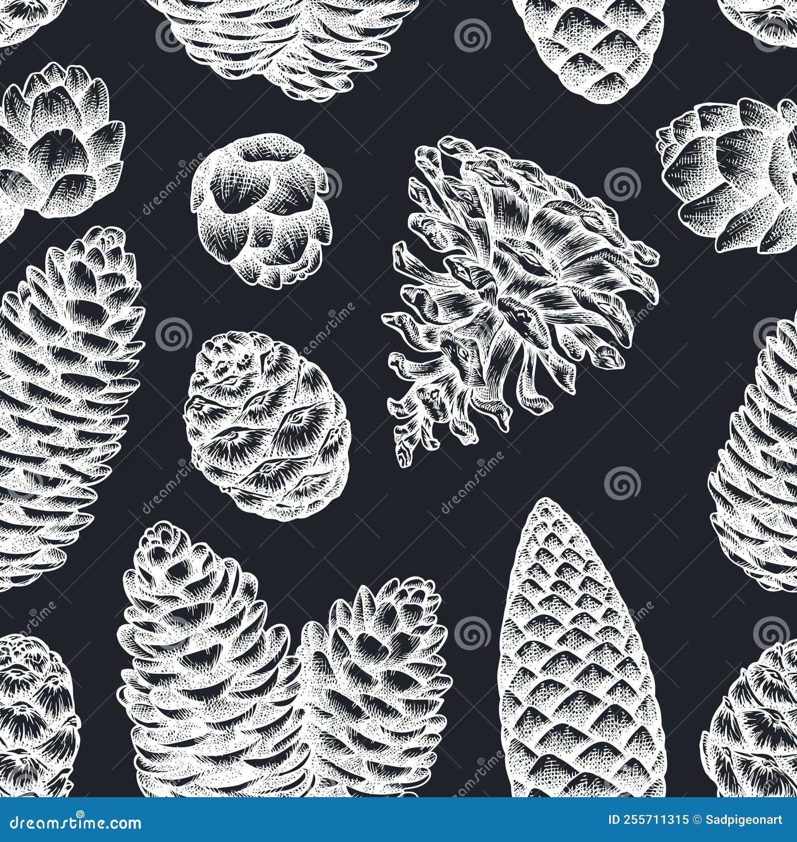 Mysterious Forest Seamless Pattern Background Design. Engraved Style. Hand Drawn Pine Cones ...