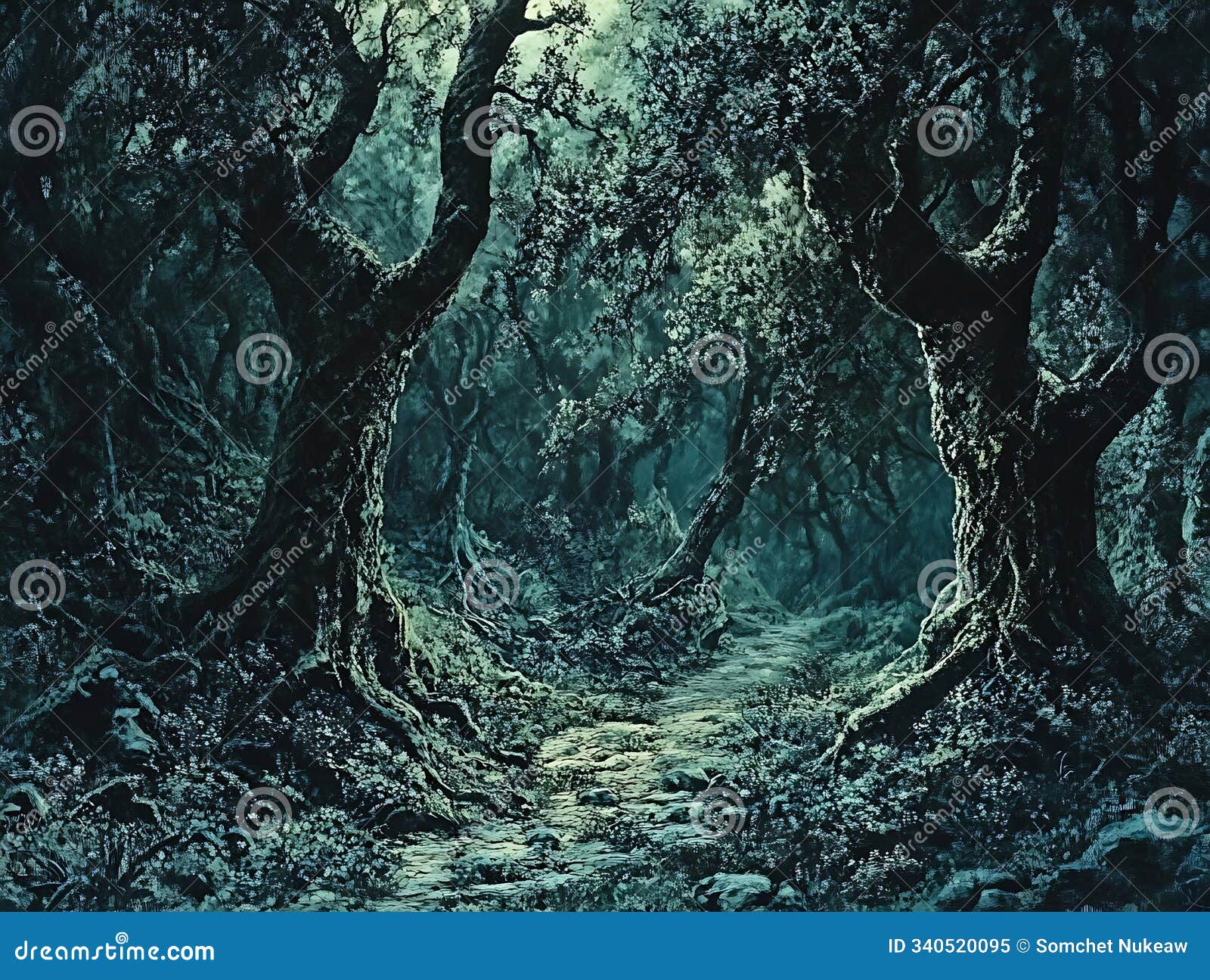 Mysterious Forest with Twisted Trees and Dim Lighting Stock ...