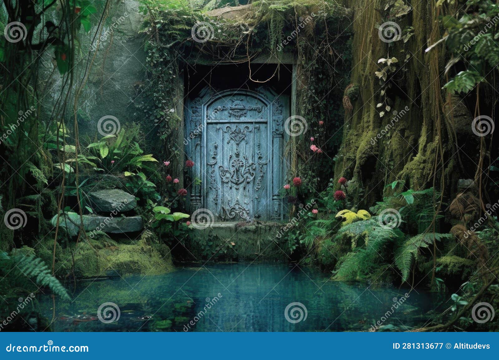 Mysterious Garden Door Hidden Behind a Waterfall Stock Illustration ...