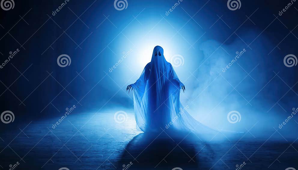 Mysterious Ghostly Figure in Blue Misty Environment Stock Illustration ...