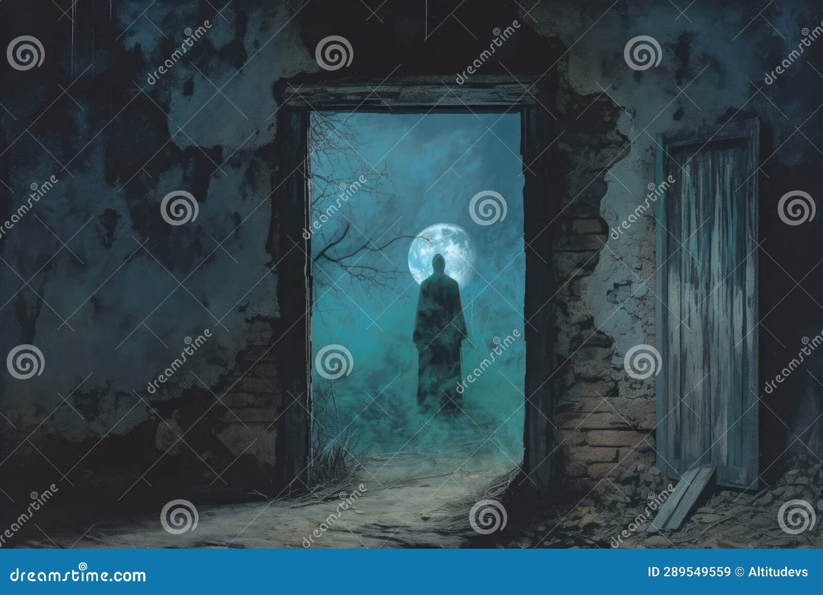 Mysterious Ghostly Figure Standing in a Moonlit Doorway Stock Image ...