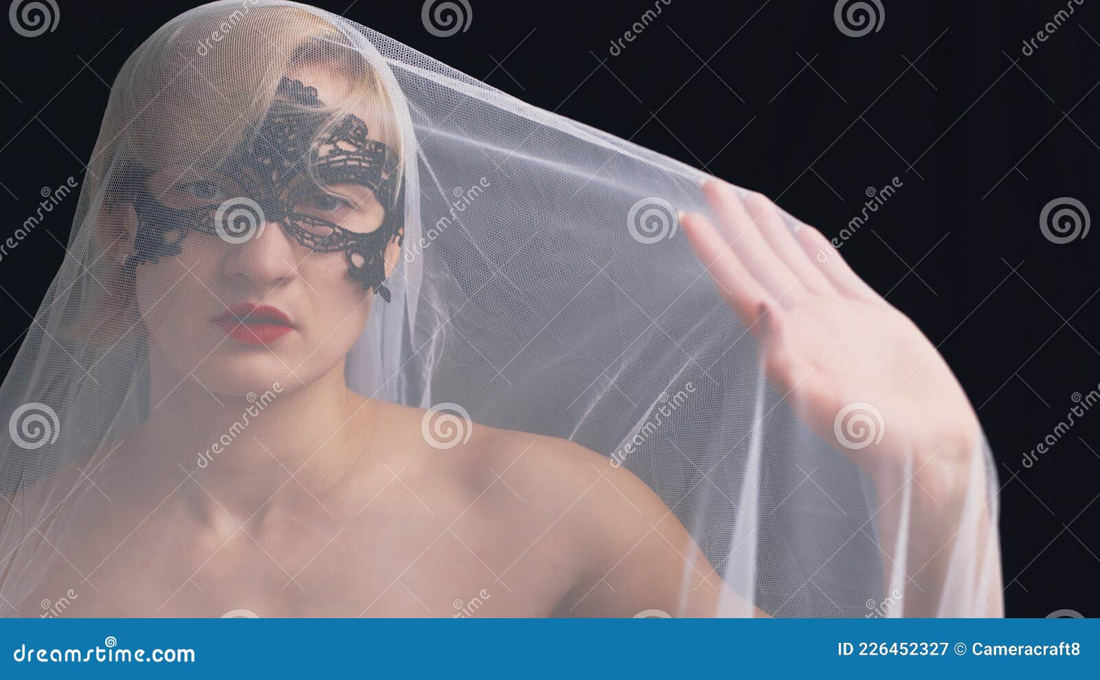 Mysterious Girl Wearing A Masquerade Mask And Hiding Behind The White Net Stock Image Image Of