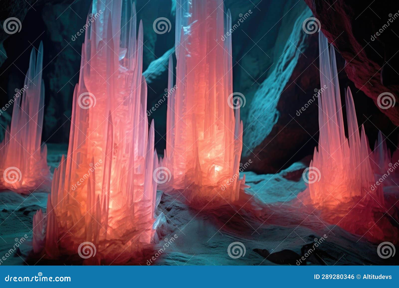 Mysterious Glowing Crystal Cave Formations Stock Photo - Image of ...