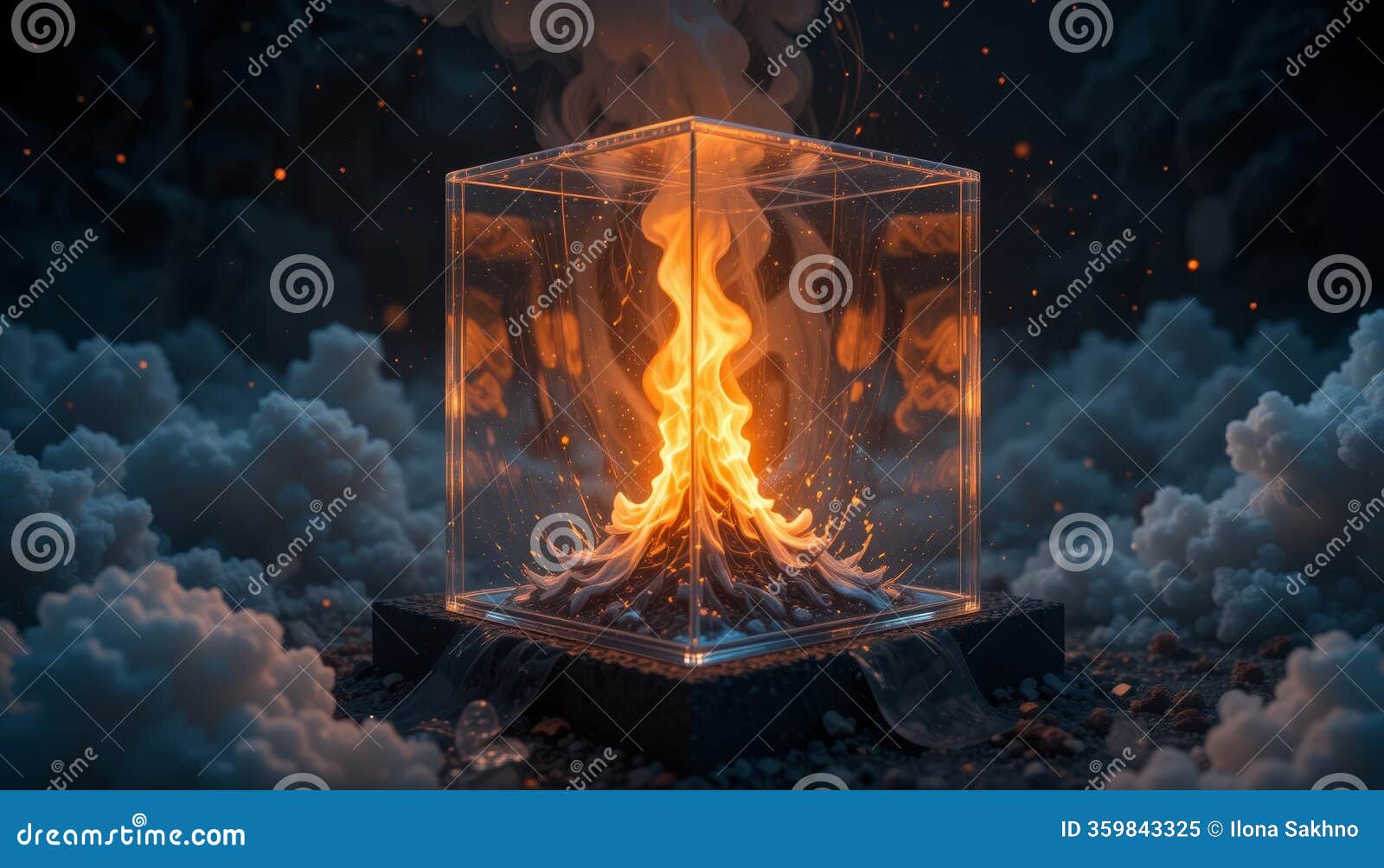 Mysterious Glowing Cube Surrounded by Smoke and Darkness Stock Image ...