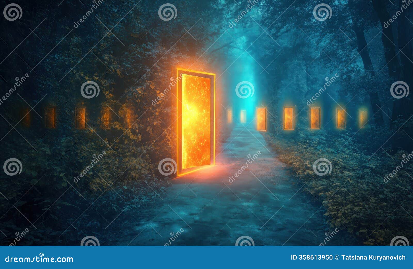 Mysterious Glowing Doors in Enchanted Forest Pathway, Illuminated by ...