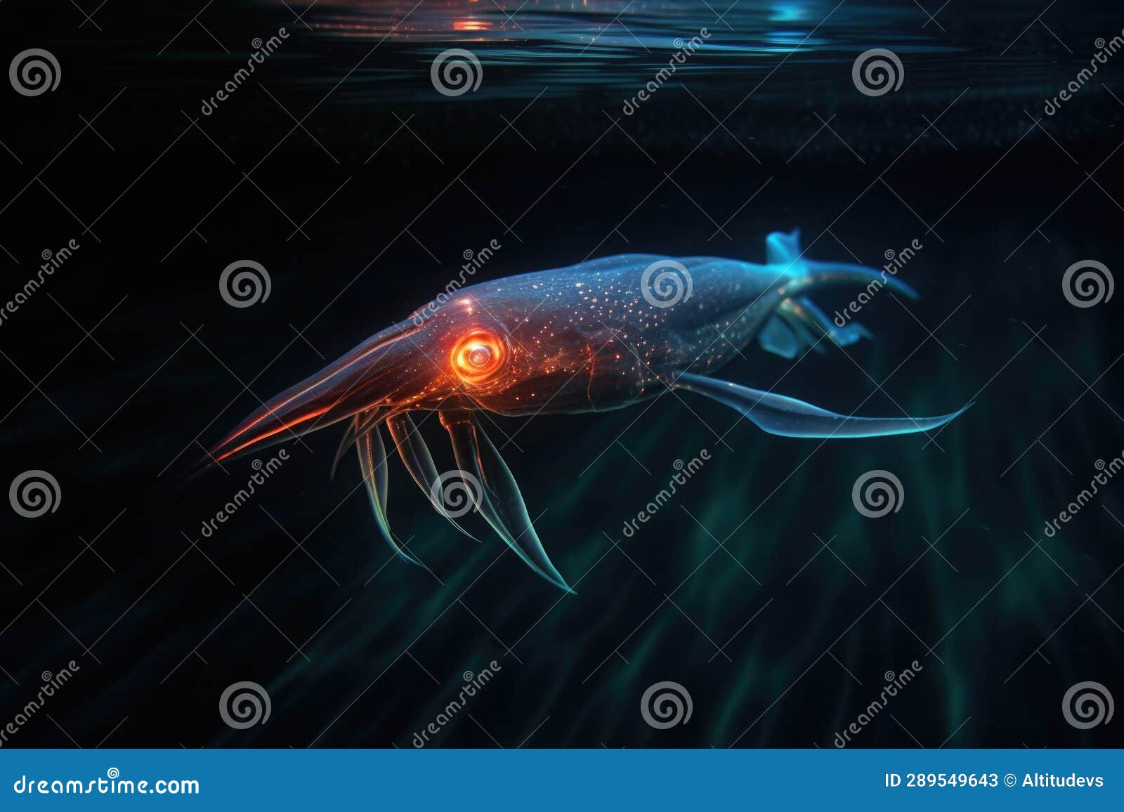Mysterious Glowing Squid Hovering in Dark Waters Stock Image - Image of ...