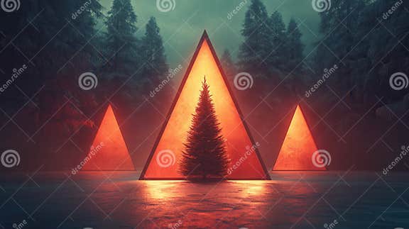 Mysterious Glowing Triangles with a Central Tree Amidst a Foggy Forest ...