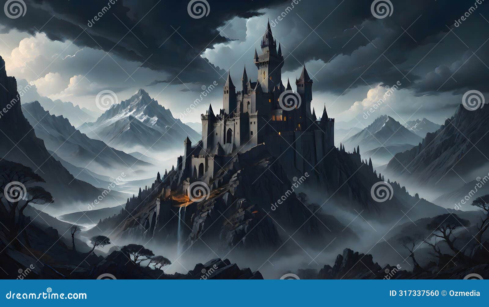 Mysterious Gothic Castle Under a Stormy Sky, Night View of a Castle on ...