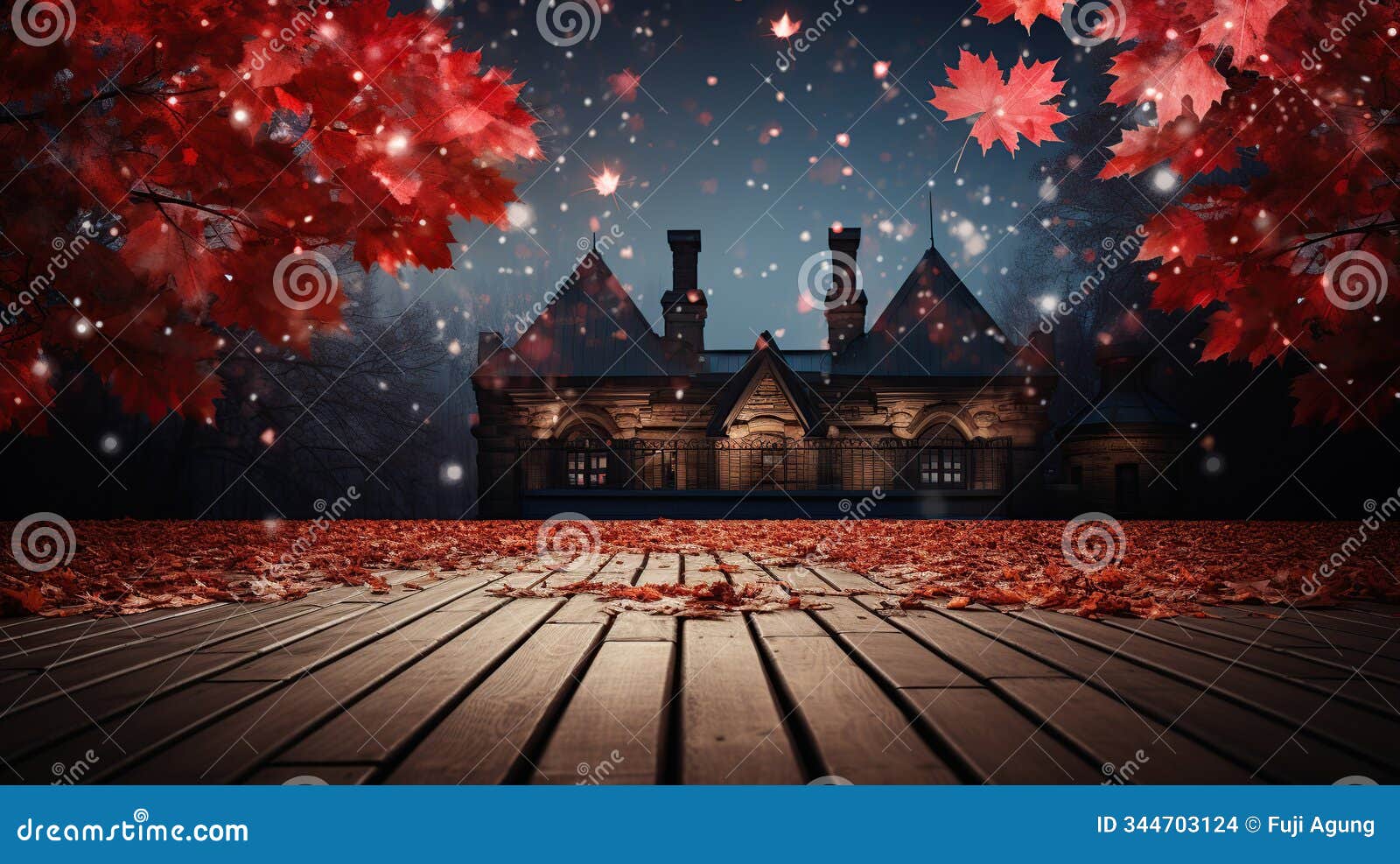 A Mysterious Gothic Mansion with Red Maple Leaves Falling Around it ...