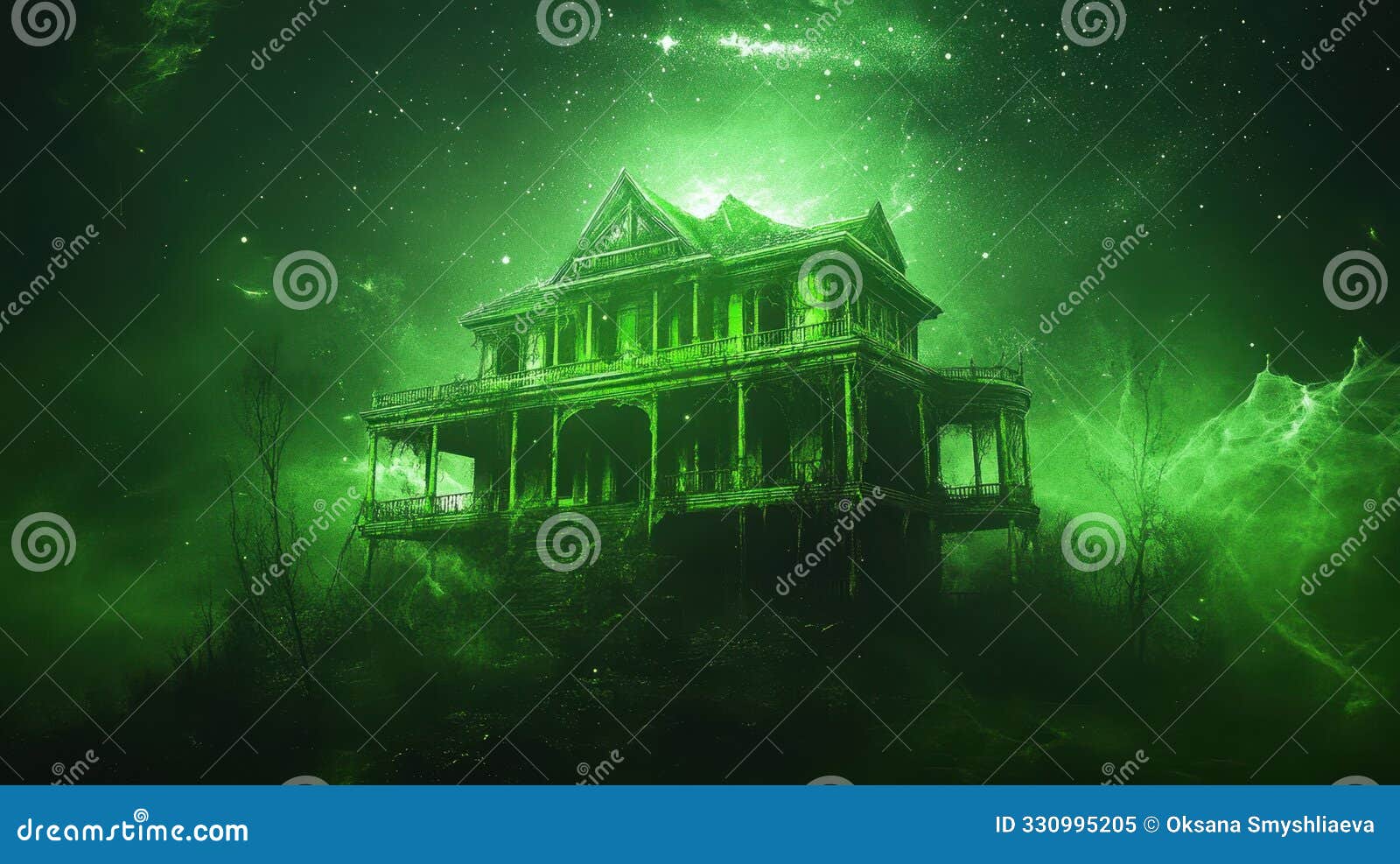 Mysterious Green-Hued Haunted House Under Starry Sky Stock Image ...