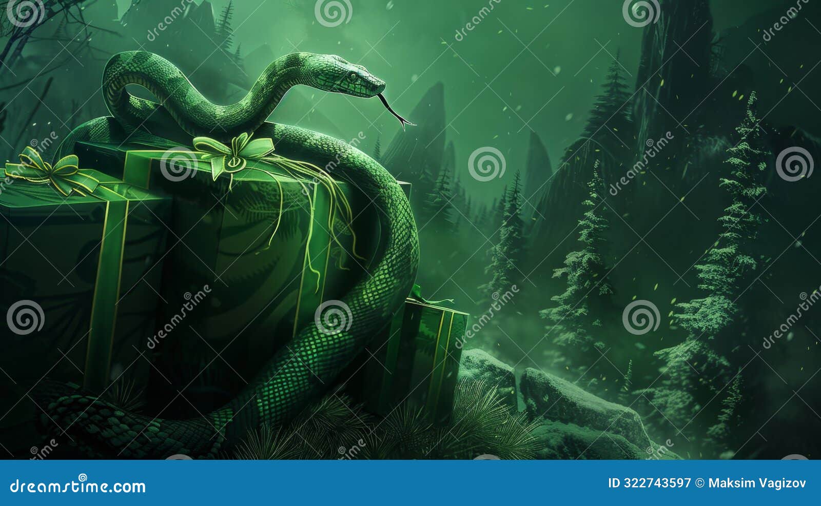 Mysterious Green Snake on Gift Boxes in Enchanted Forest Generative AI ...