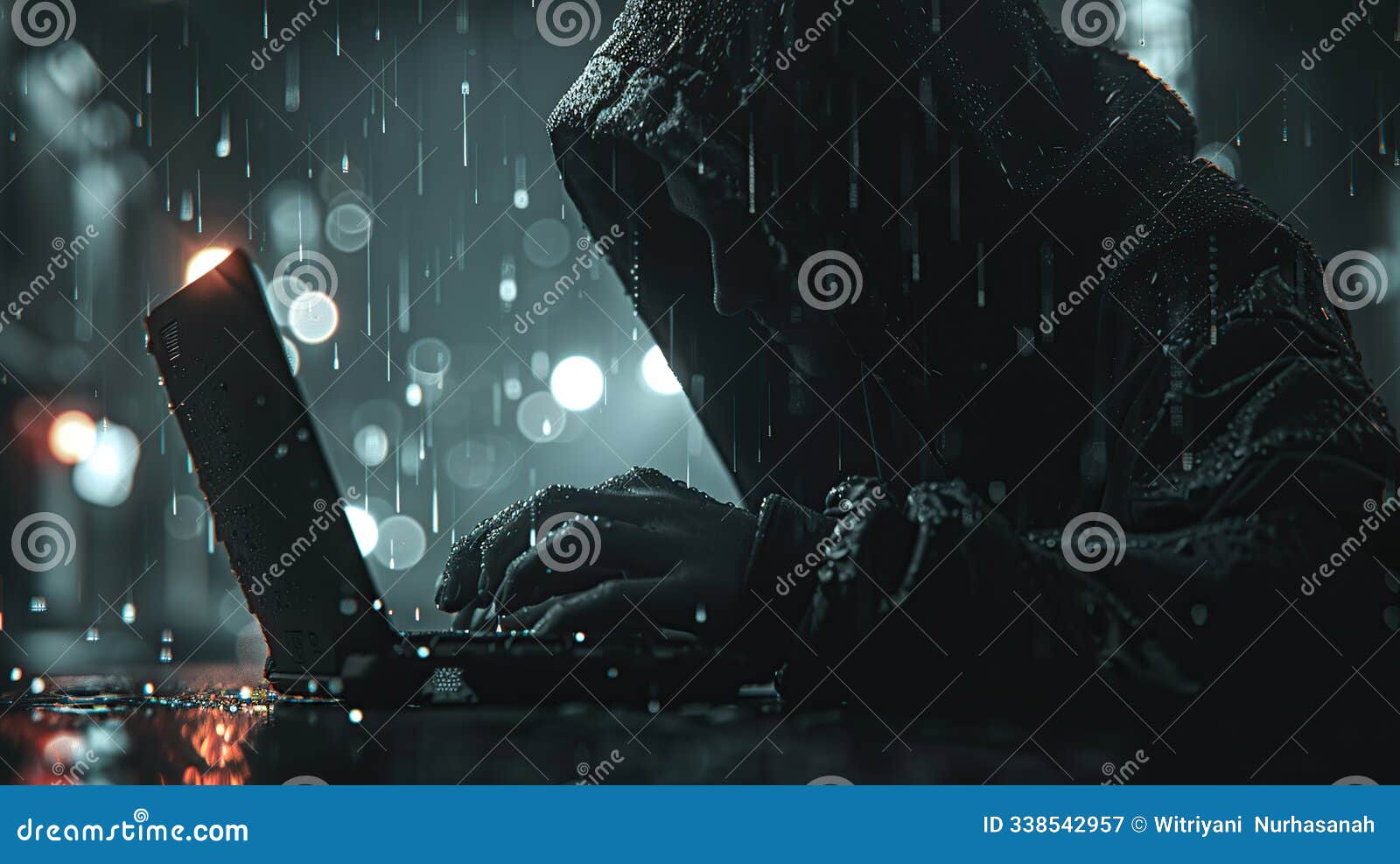 Mysterious Hacker in the Rain Stock Illustration - Illustration of ...