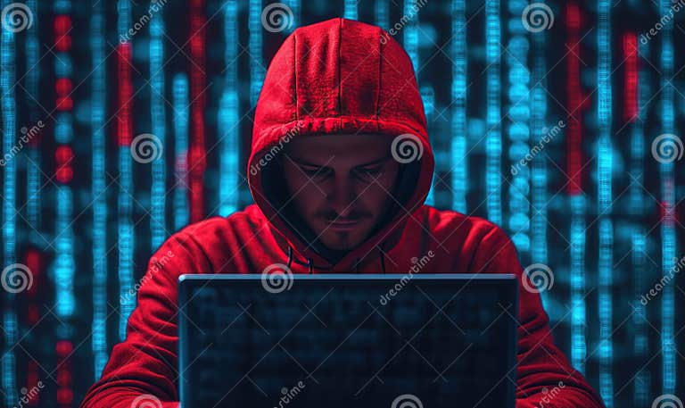 Mysterious Hacker in a Red Hoodie Working on a Laptop with a Backdrop ...