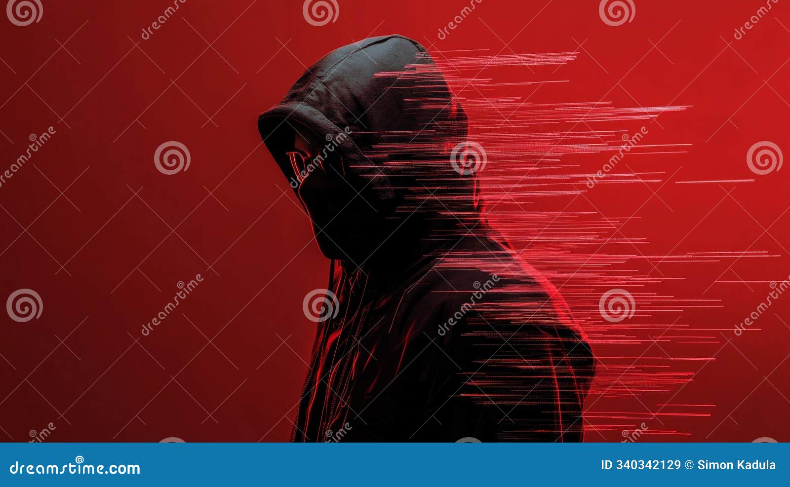 Mysterious Hacker Wearing Black Hoodie and Mask Creating Code on Red ...