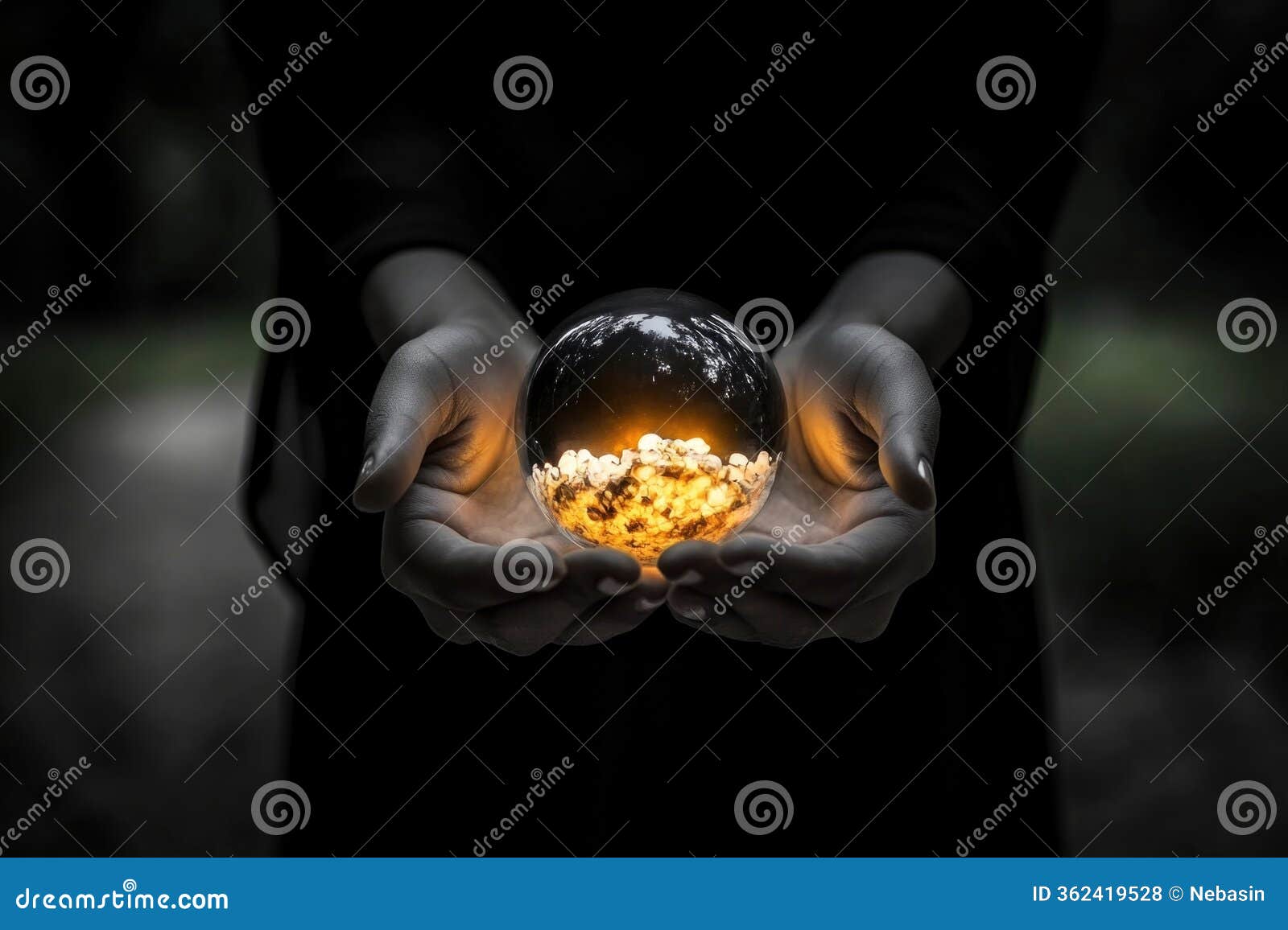 Mysterious Hands Holding Glowing Orb in Dark Forest Setting Stock Photo ...